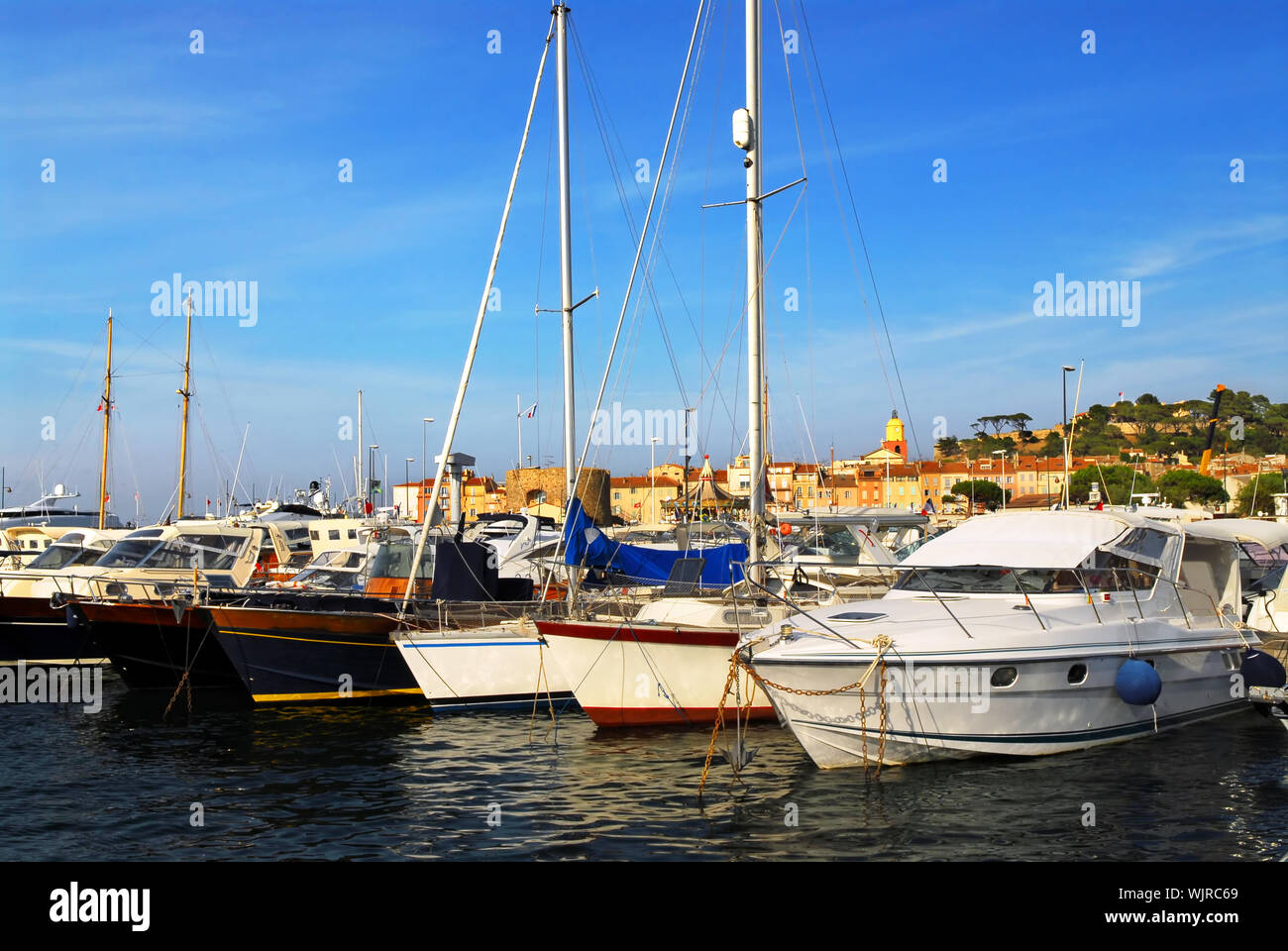 Luxury boats at the dock in St. Tropez in French Riviera Stock Photo ...