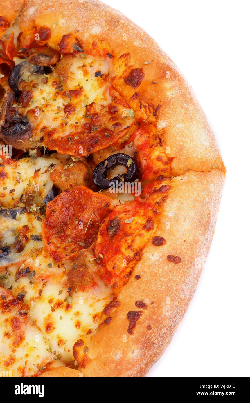 Freshly Baked Pepperoni Pizza with Black Olives, Tomatoes and Spices ...