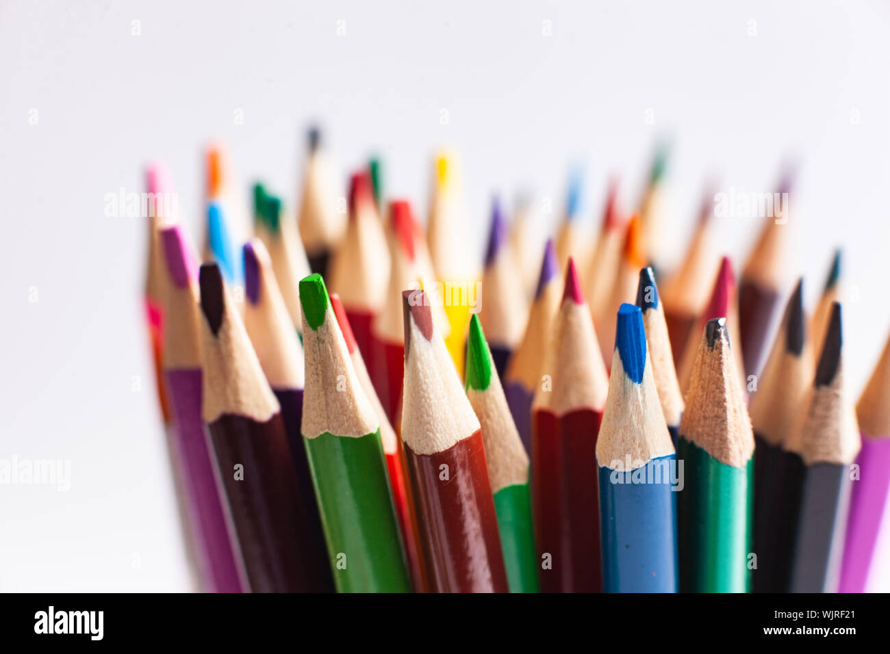 A group of multicolored pencils on a white light background, close up ...