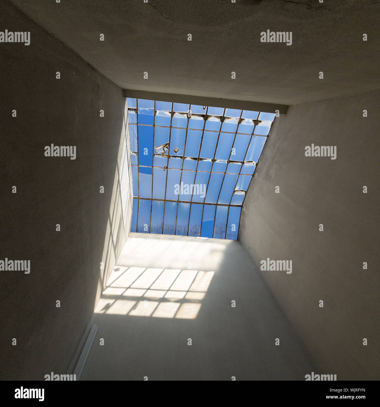 Broken Glass Sunroof in Old House, shoot up Stock Photo - Alamy