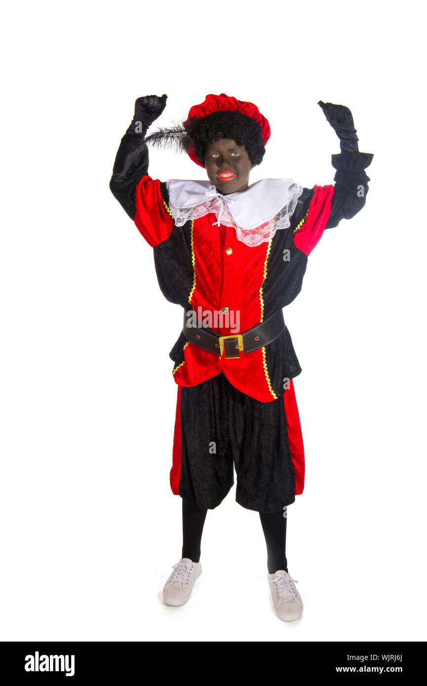 Black Piet with both hands high isolated over white Stock Photo - Alamy