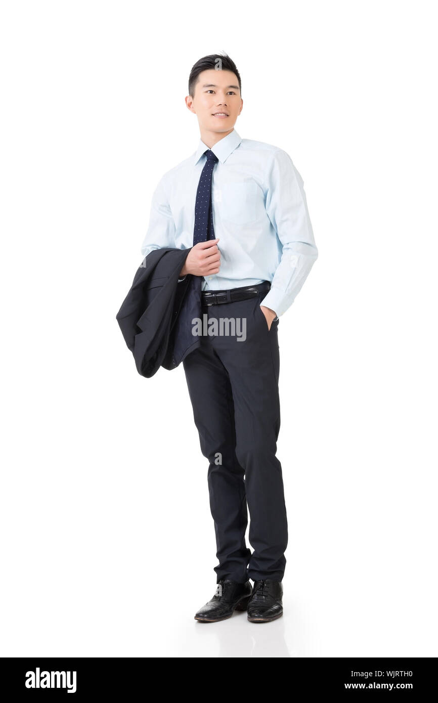 Young Asian businessman hold coat and go off work, full length portrait ...