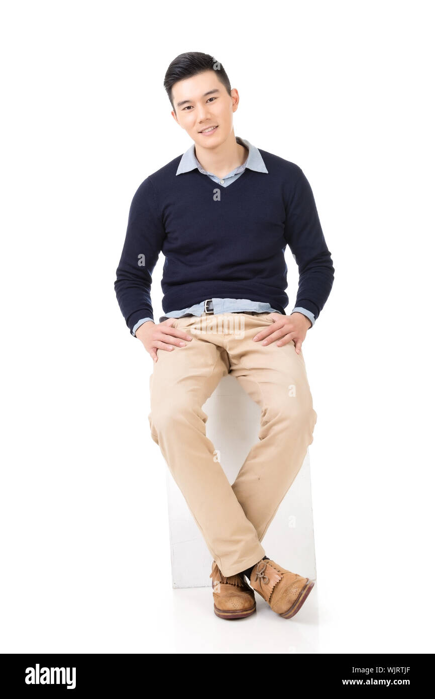 Handsome Asian guy sit pose, full length portrait isolated on white ...