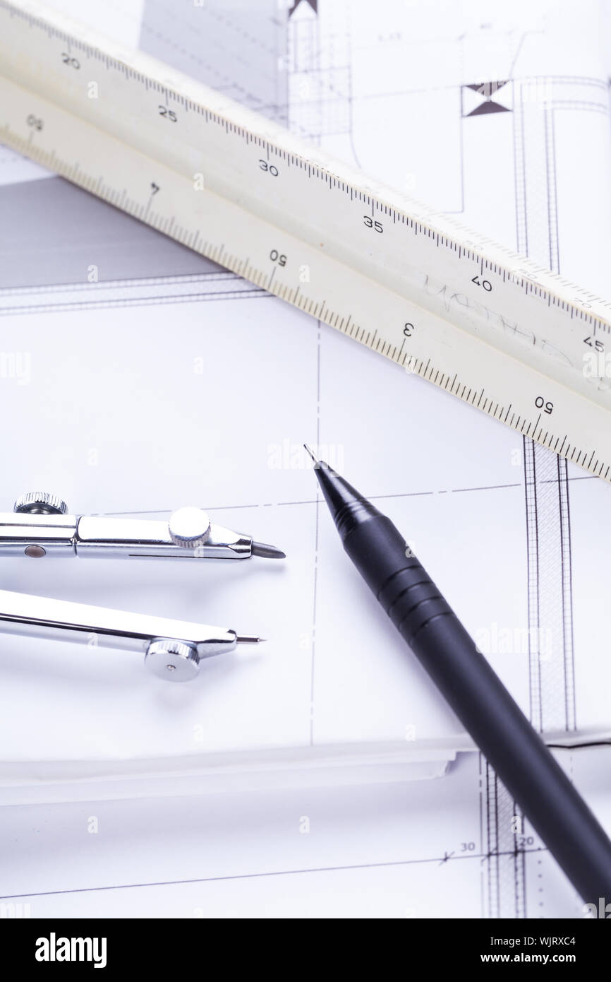 architect blueprints equipment objects workplace Stock Photo - Alamy