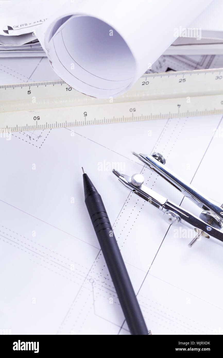 architect blueprints equipment objects workplace paper office Stock ...