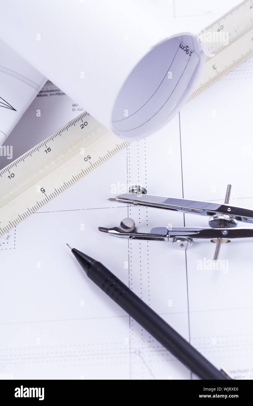 architect blueprints equipment objects workplace Stock Photo - Alamy