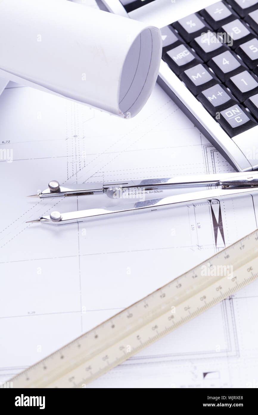 architect blueprints equipment objects workplace Stock Photo - Alamy