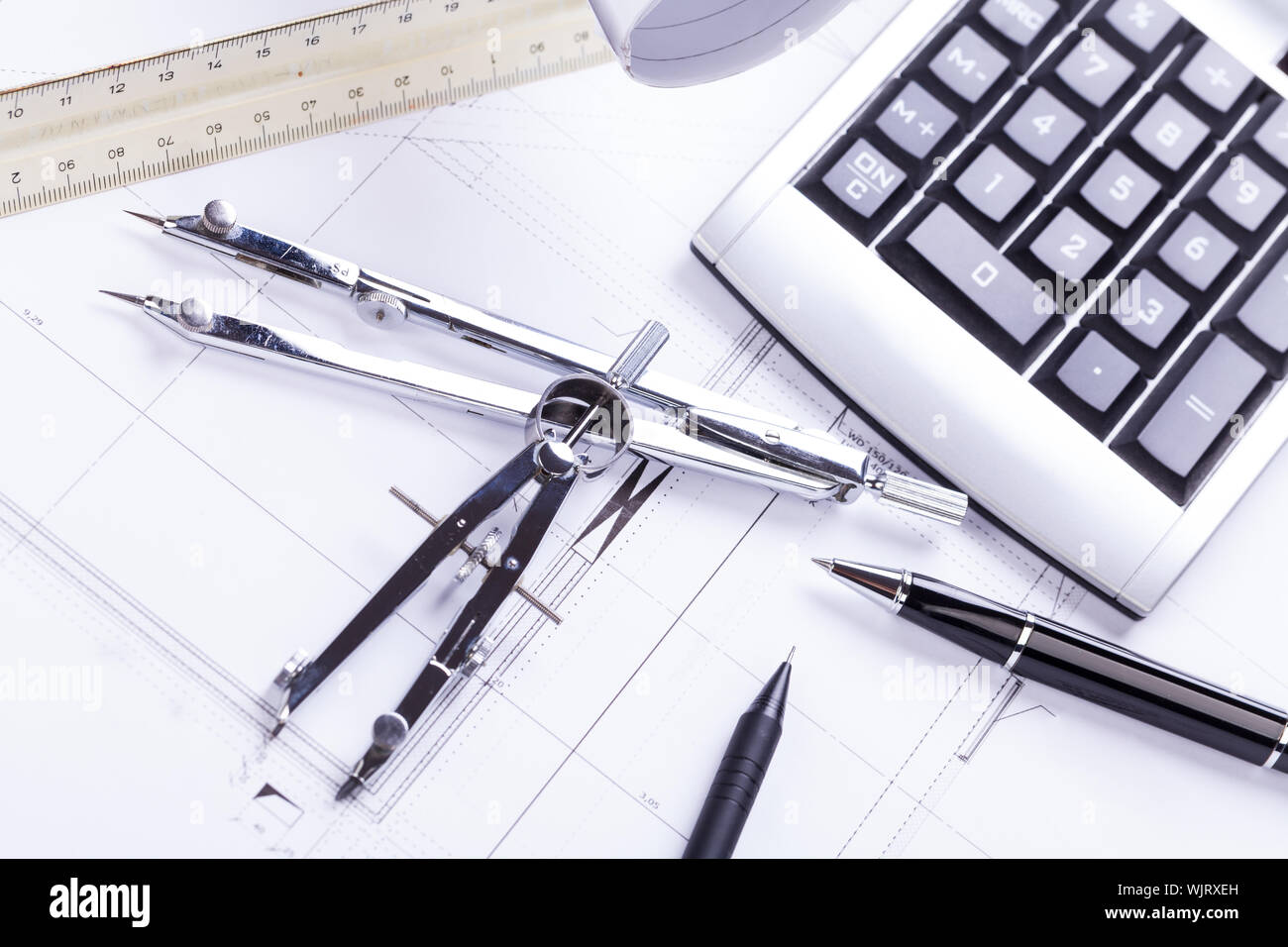 architect blueprints equipment objects workplace Stock Photo - Alamy