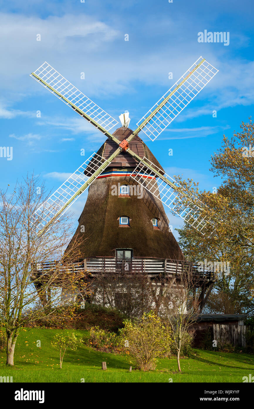 Traditional wooden windmill in a lush garden with four sails or blades ...
