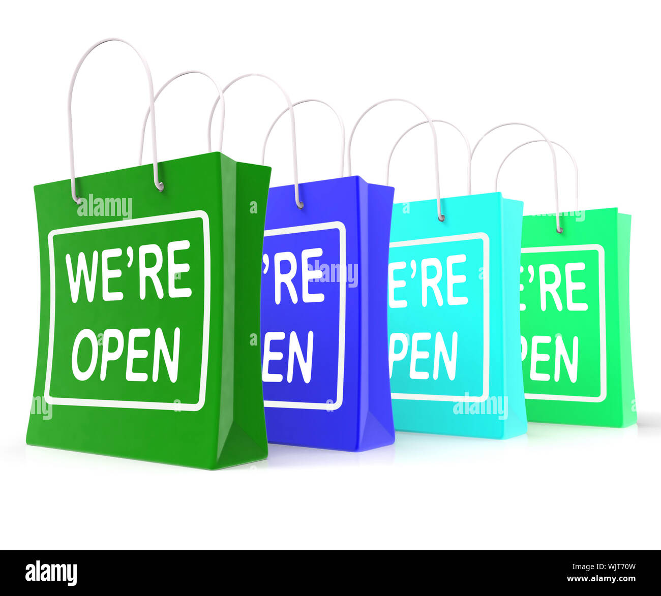 We're Open Shopping Bags Showing New Store Launch Stock Photo - Alamy