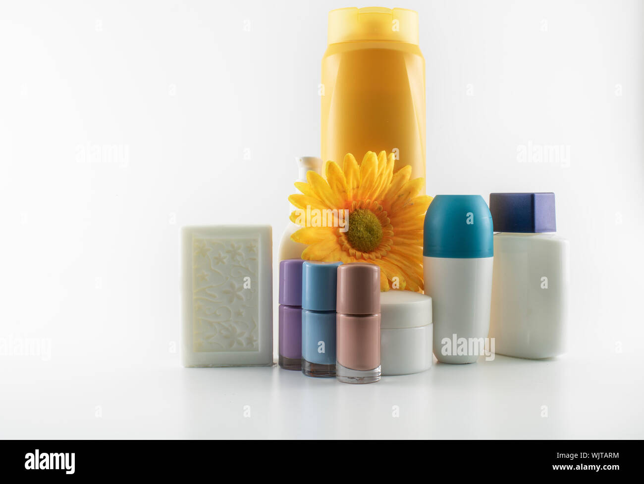 Shampoo, sun cream, nail polish, parfum. Isolated on white background ...