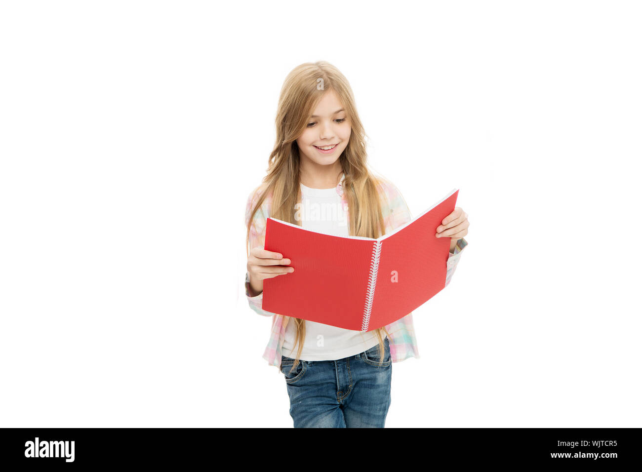 Book store concept. Pad perfect for keeping note. Adorable little girl ...