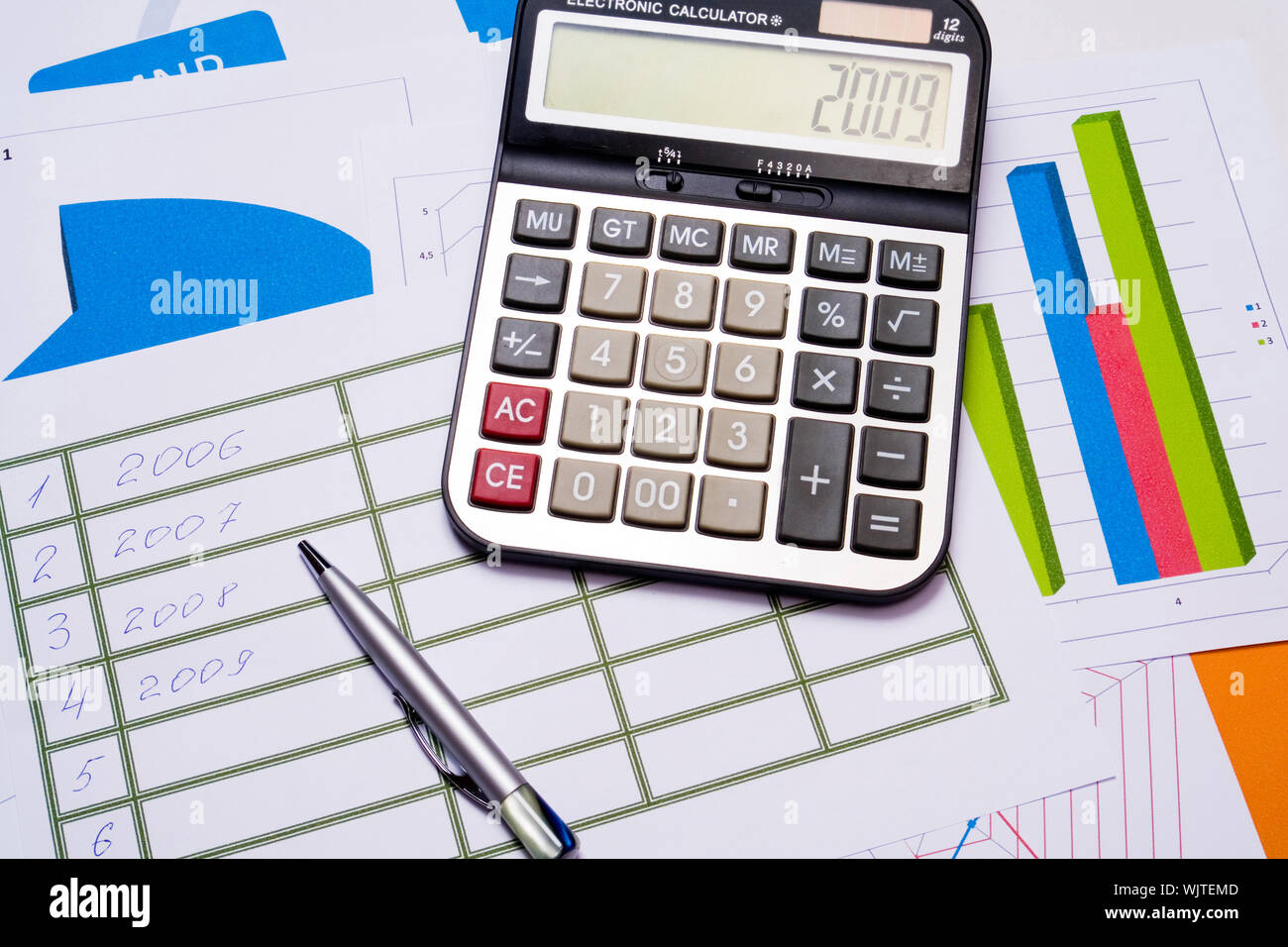 chart with calculator and pen Stock Photo - Alamy