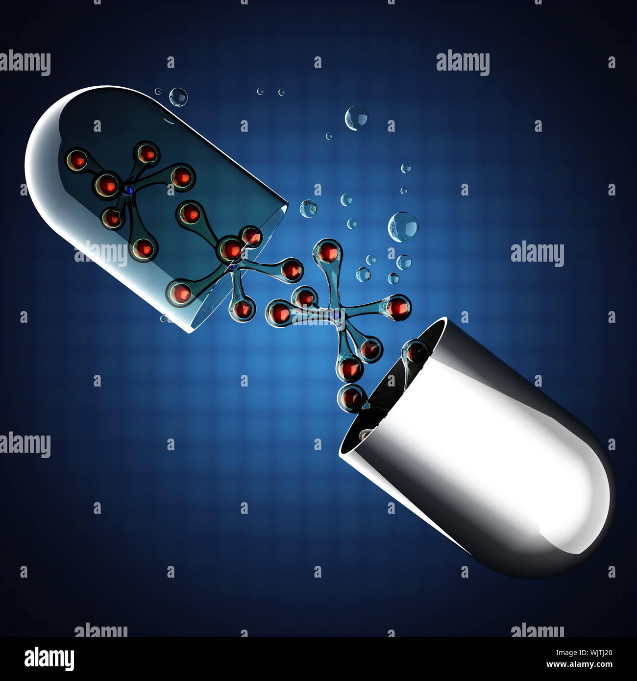 Transparent capsule on blue background Stock Photo - Alamy