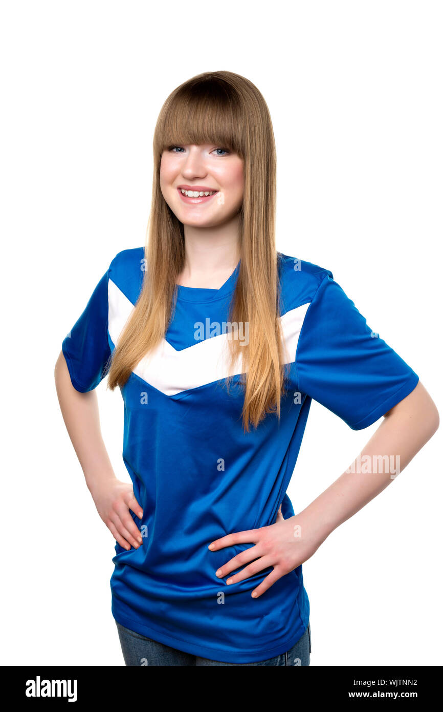 Girl in blue football shirt isolated on white background Stock Photo ...