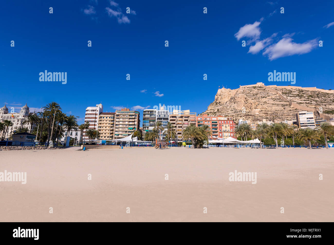 Alicante Postiguet beach and castle Santa Barbara in Spain Valencian ...