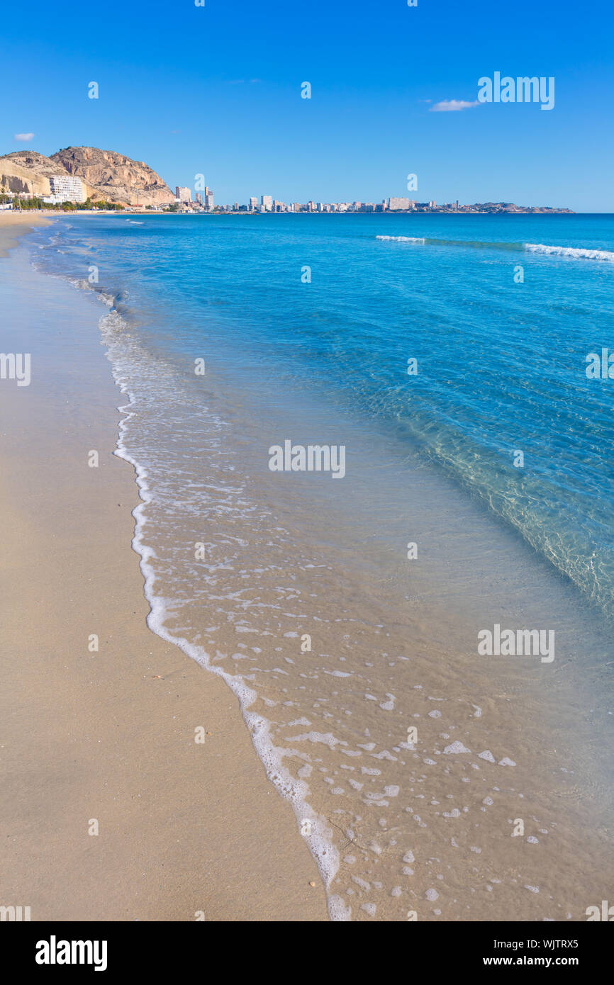 Alicante Postiguet beach and castle Santa Barbara in Spain Valencian ...
