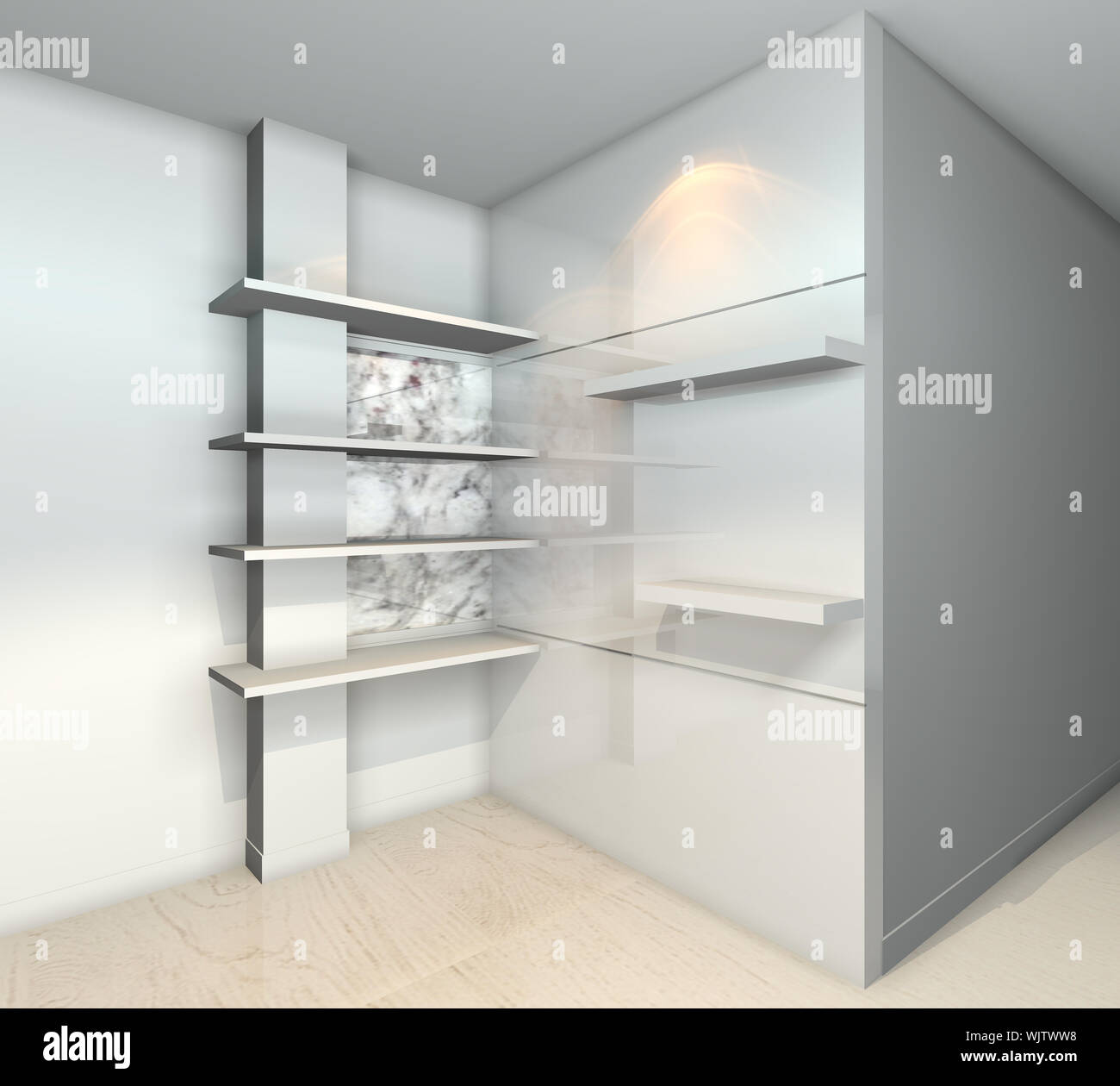 White built-in shelves designs, corner of the room Stock Photo - Alamy