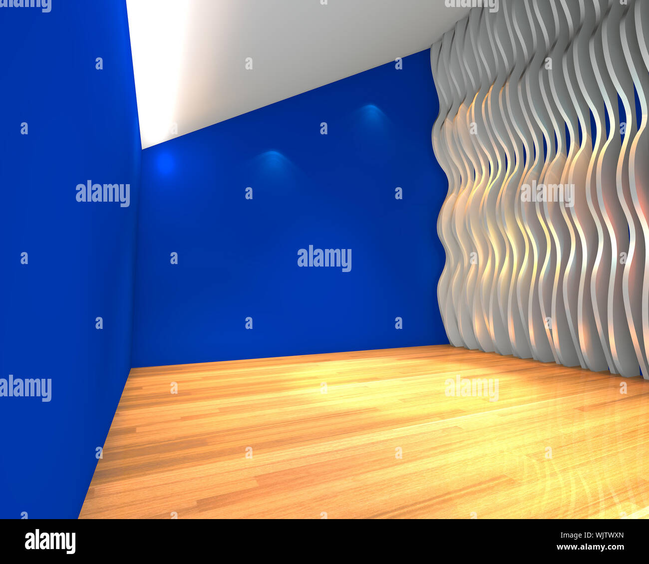 Abstract blue empty room with wave wall and decorated with wooden ...