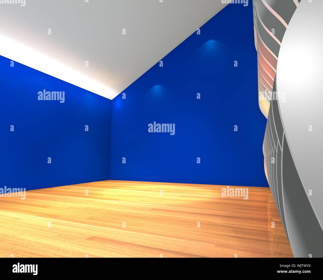 Abstract blue empty room with wave wall and decorated with wooden ...