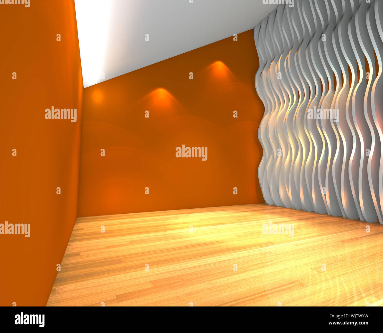 Abstract orange empty room with wave wall and decorated with wooden ...