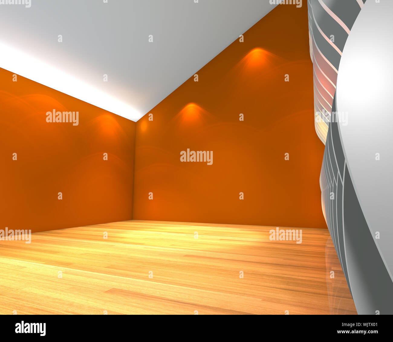 Abstract orange empty room with wave wall and decorated with wooden ...