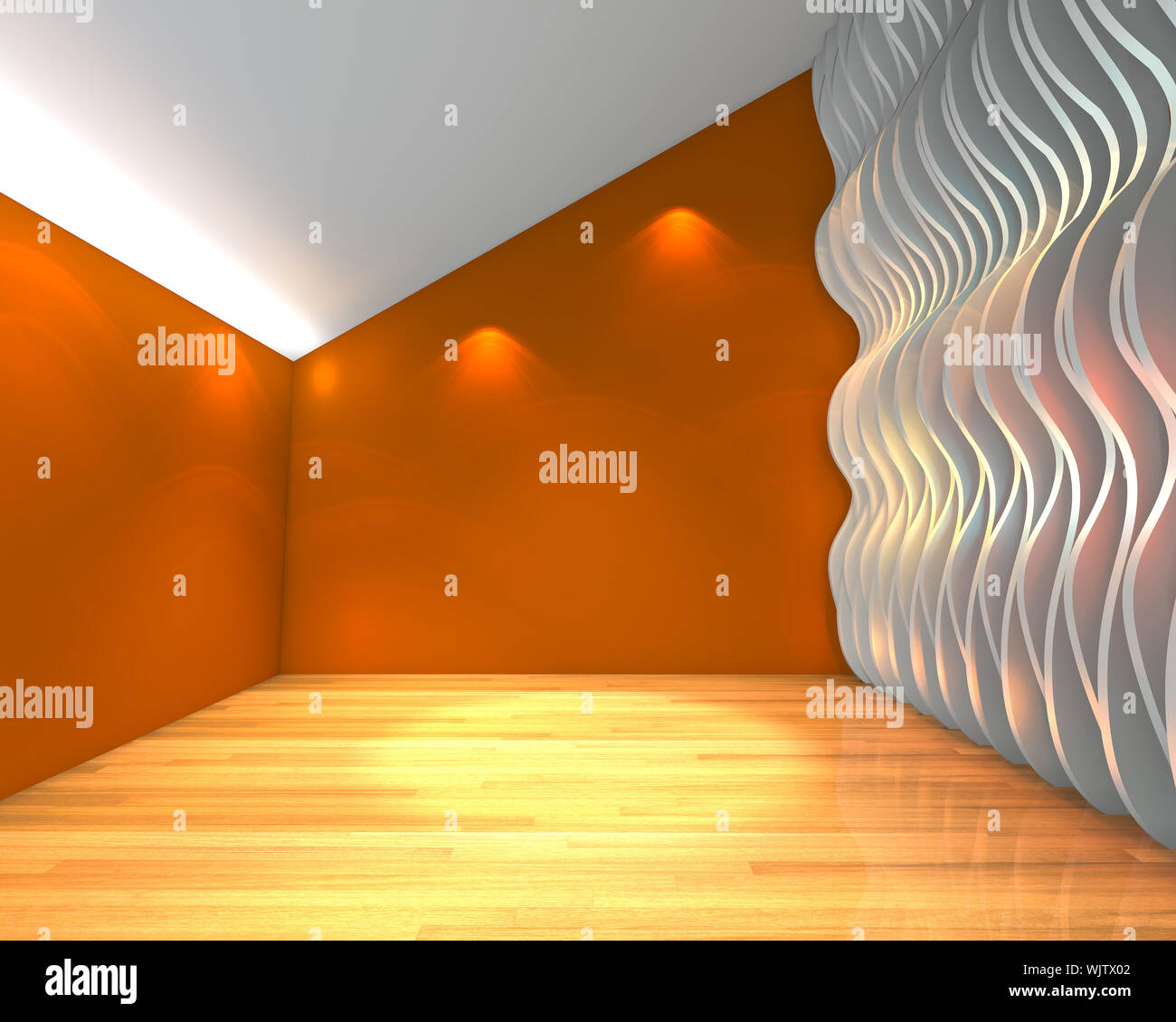 Abstract orange empty room with wave wall and decorated with wooden ...