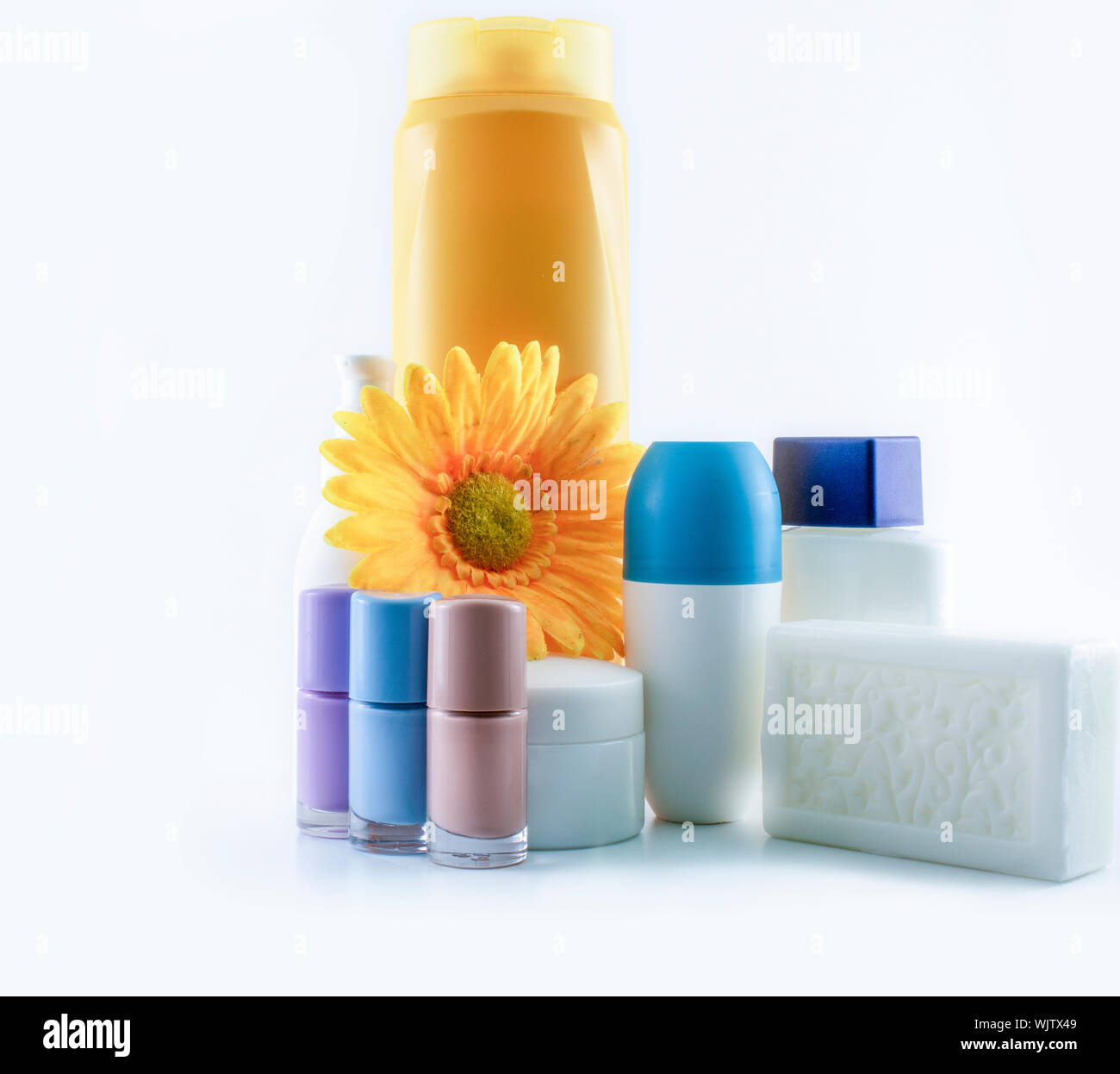 Set consisting of sun cream, parfum, nail polish, lotion. isolated ...