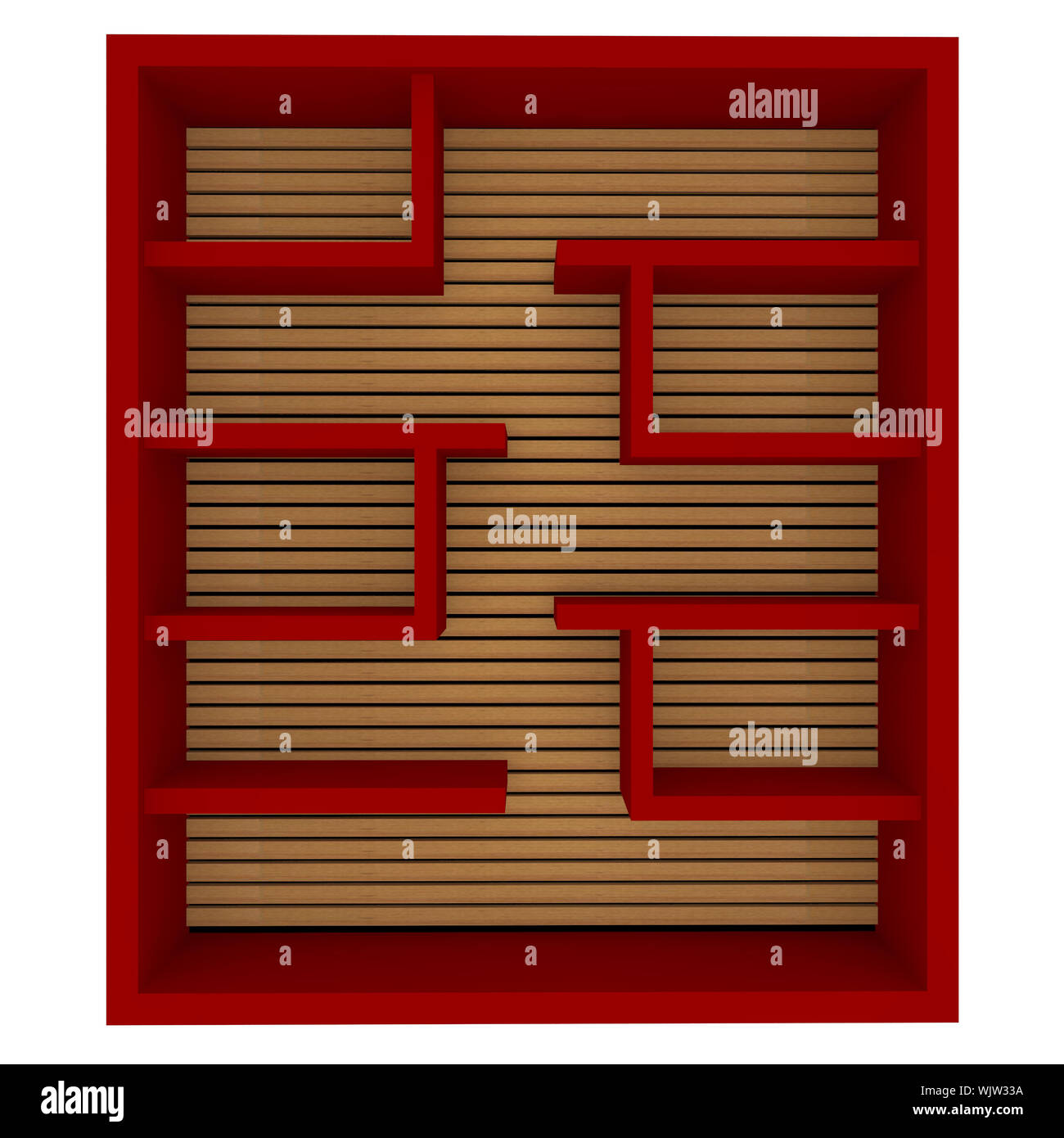 Empty red shelves design on white background Stock Photo - Alamy