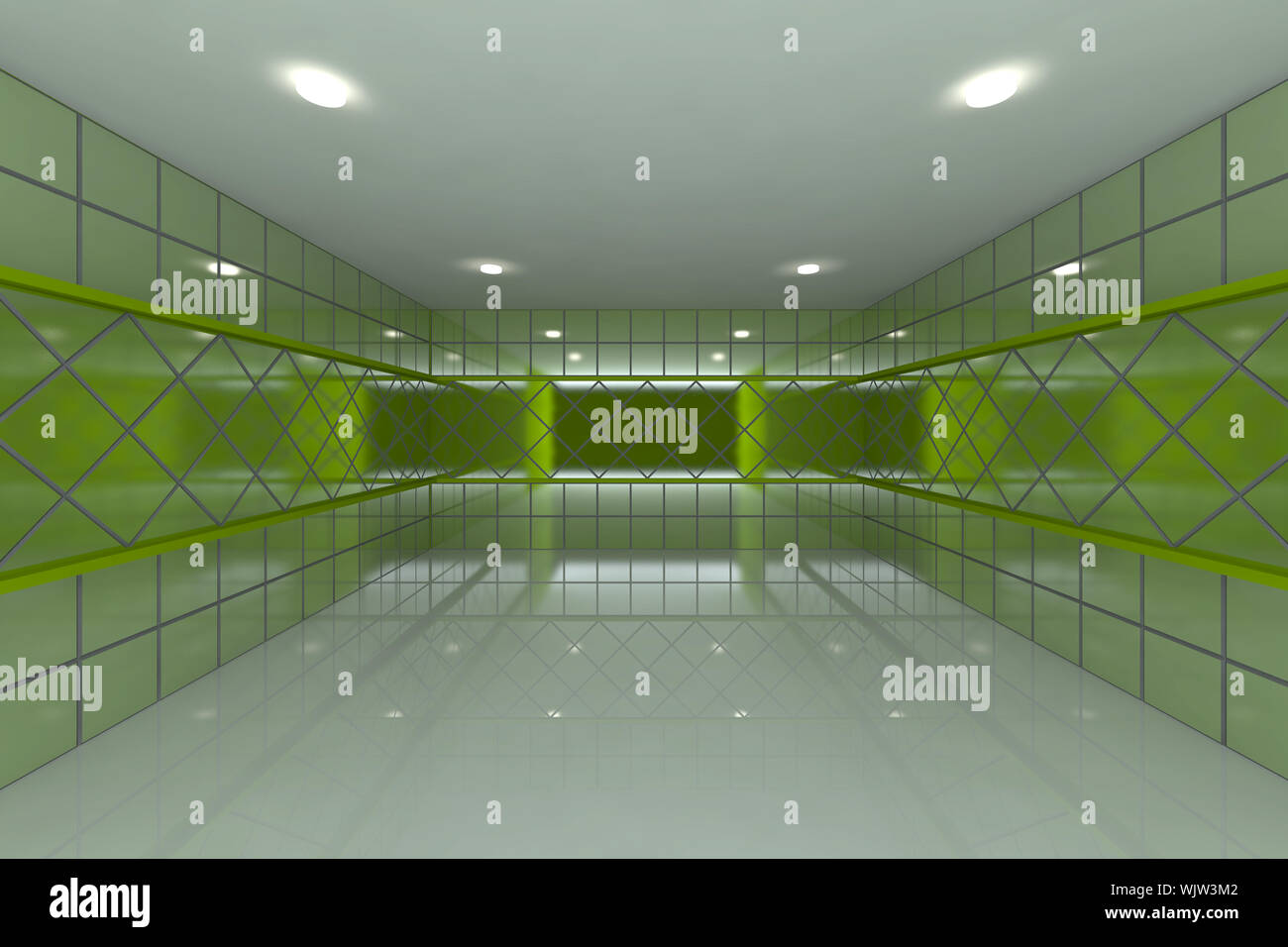 Empty room with color green tile wall Stock Photo - Alamy