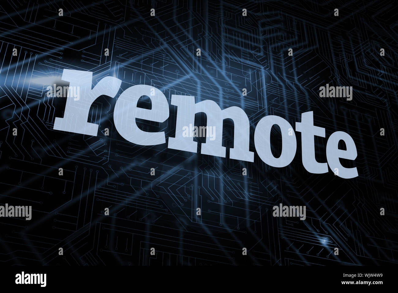 The word remote against futuristic black and blue background Stock ...