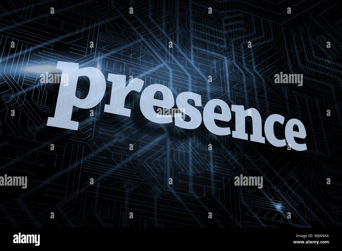 The word presence against futuristic black and blue background Stock ...