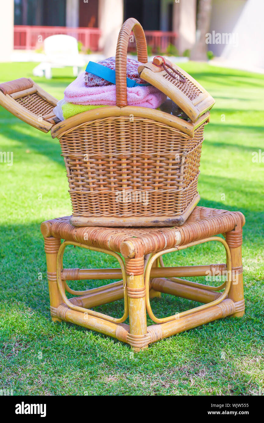 Spa wicker basket with massage oil hi-res stock photography and images ...