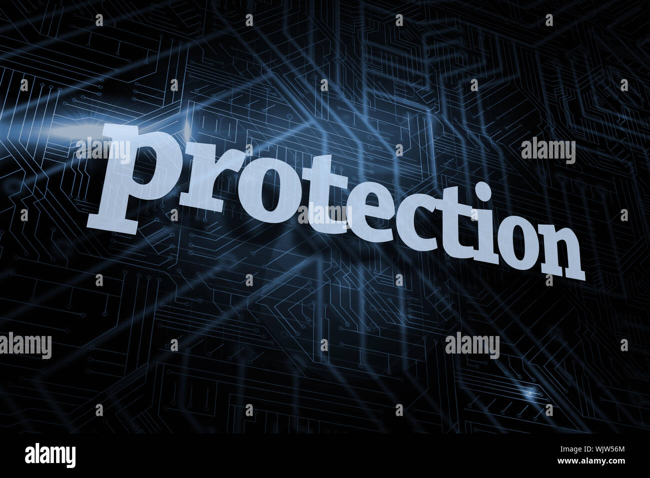 The word protection against futuristic black and blue background Stock ...