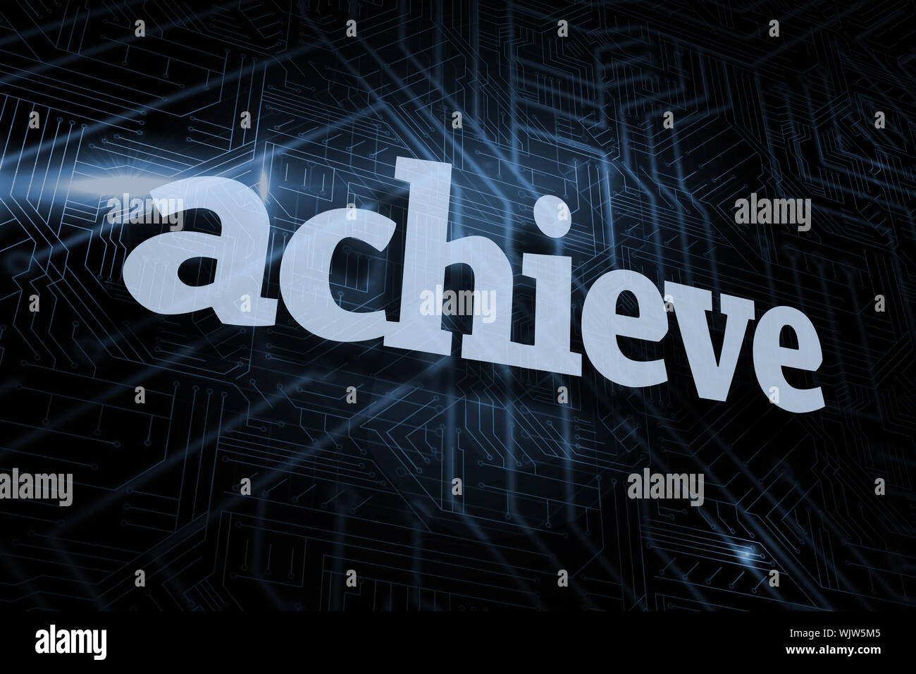 The word achieve against futuristic black and blue background Stock ...