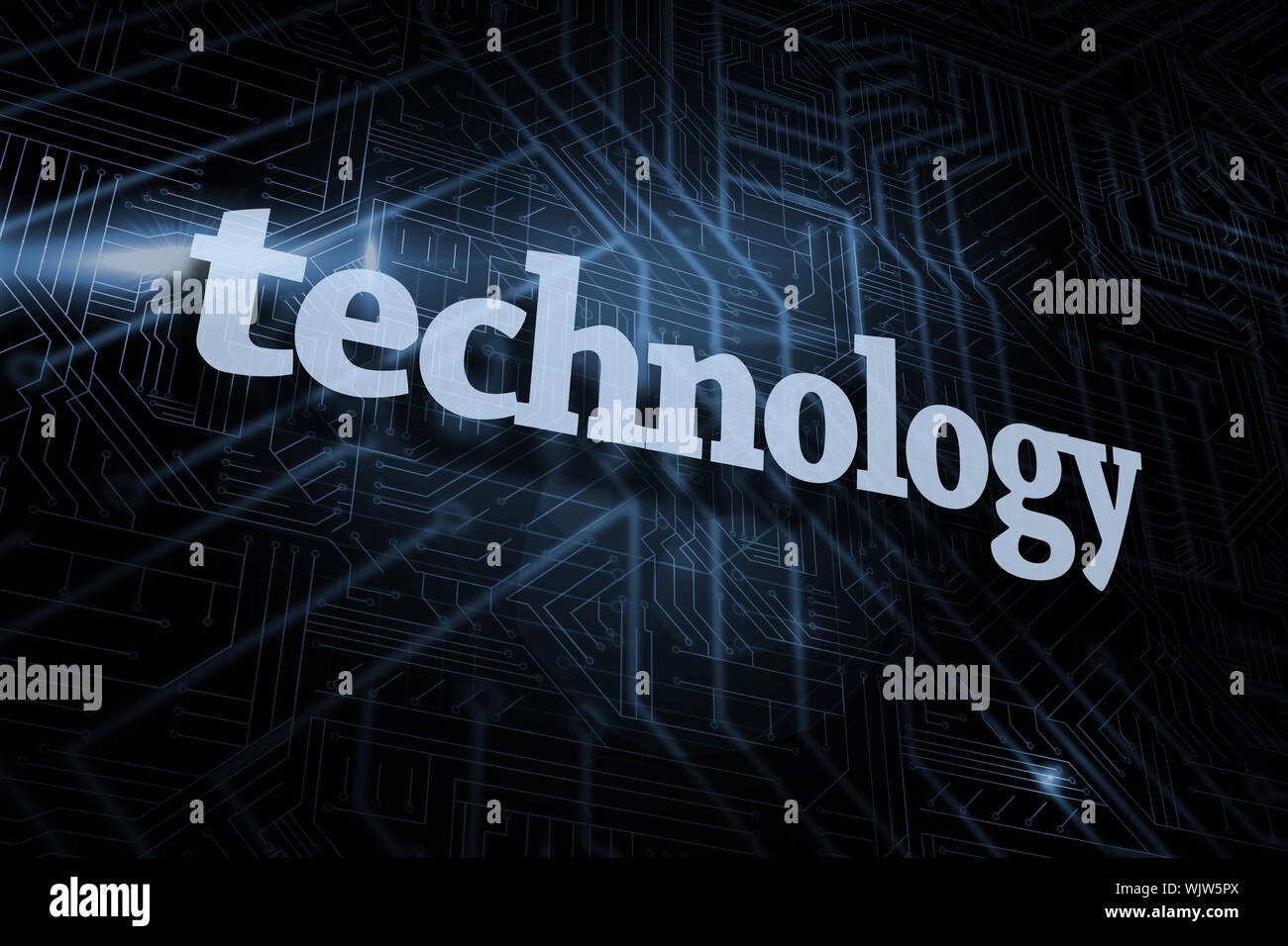 The word technology against futuristic black and blue background Stock ...