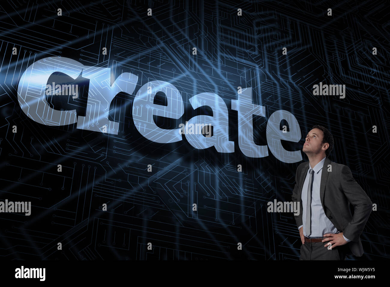 The word create and serious businessman with hands on hips against ...