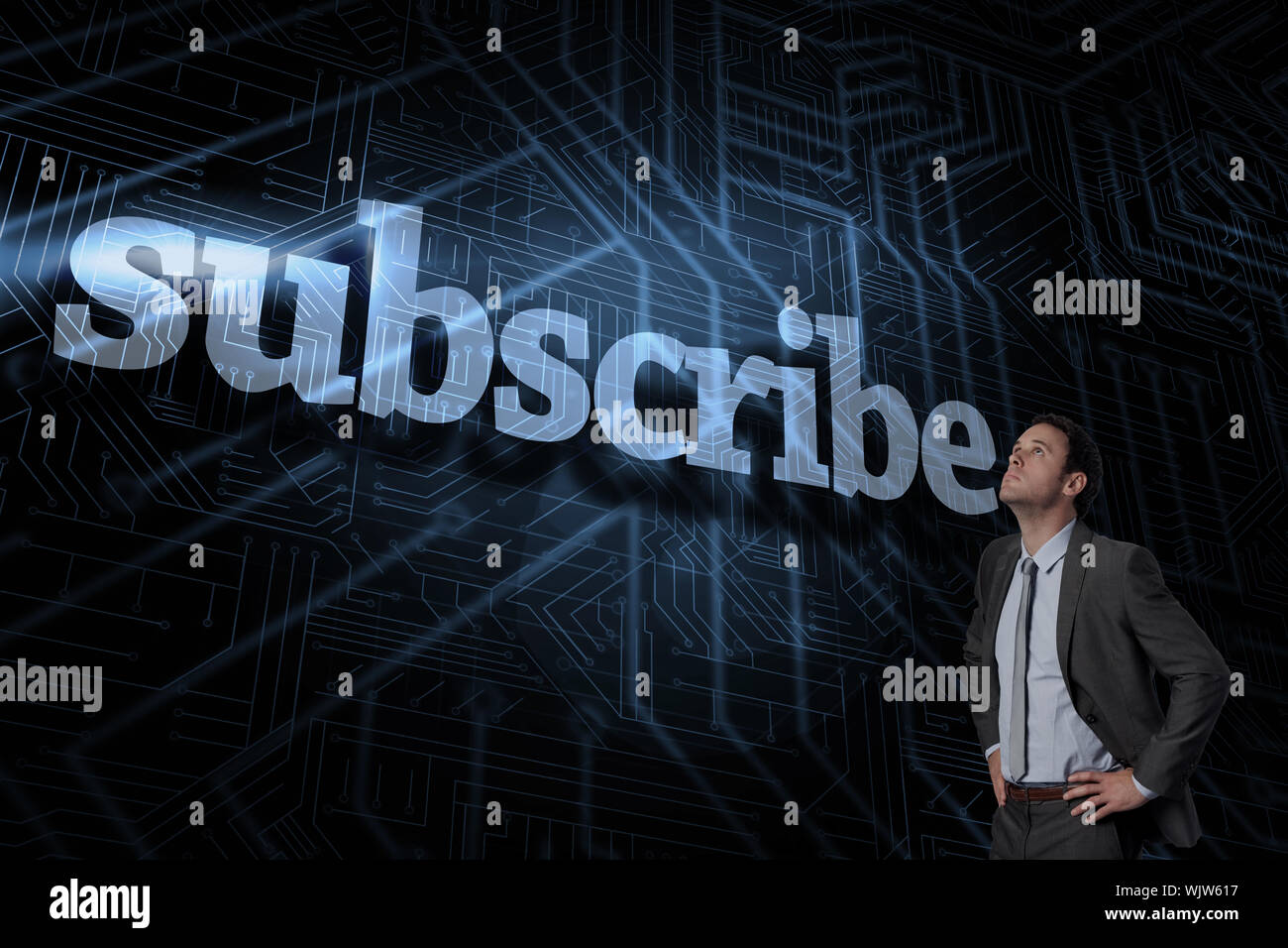 The word subscribe and serious businessman with hands on hips against ...