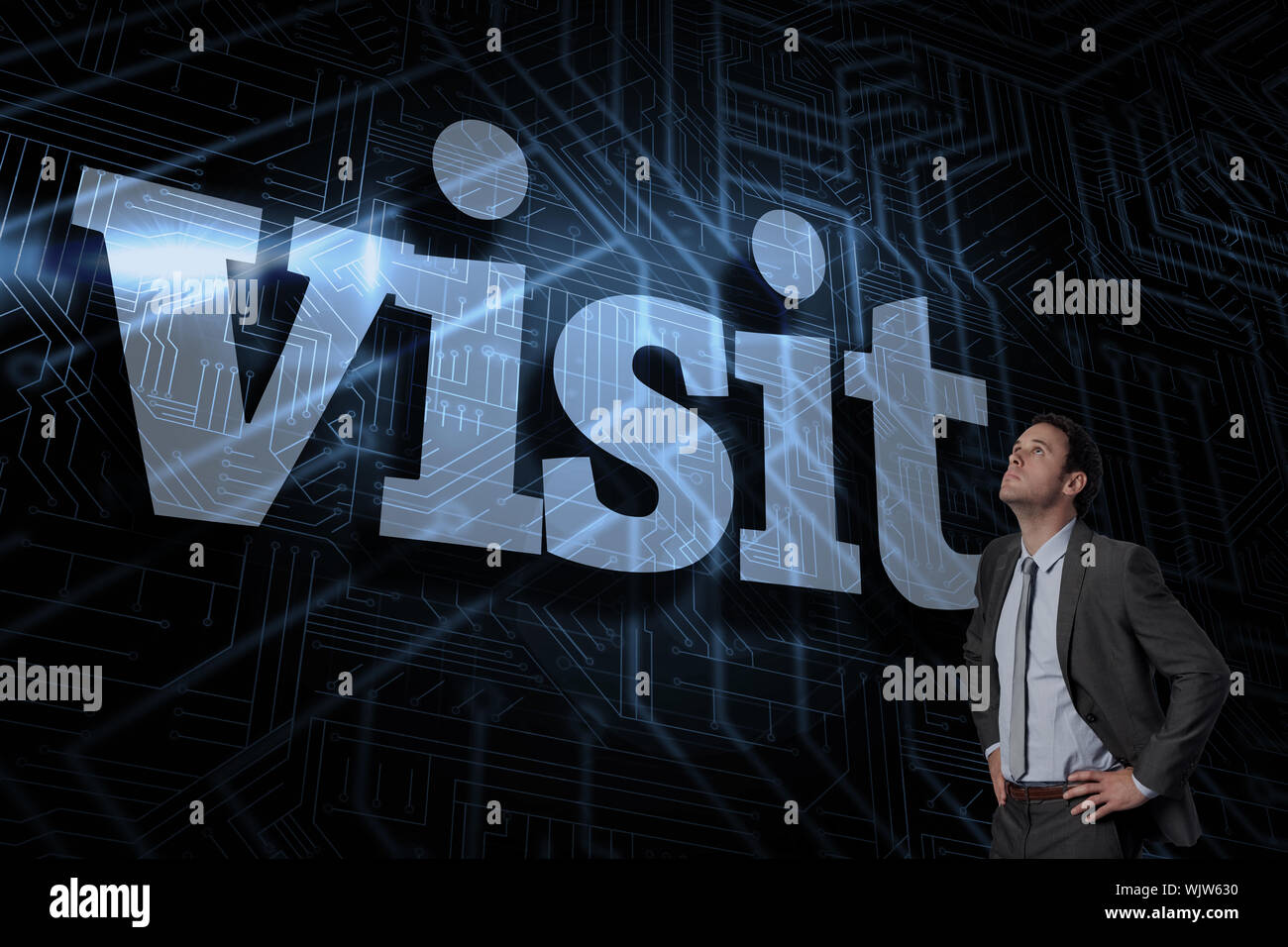 The word visit and serious businessman with hands on hips against ...