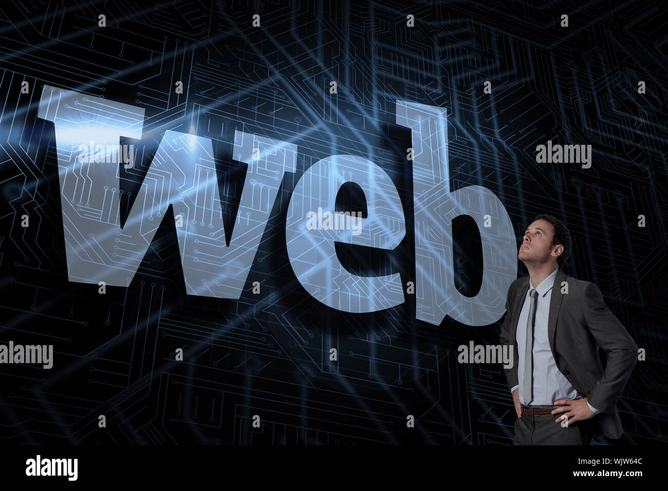 The word web and serious businessman with hands on hips against ...