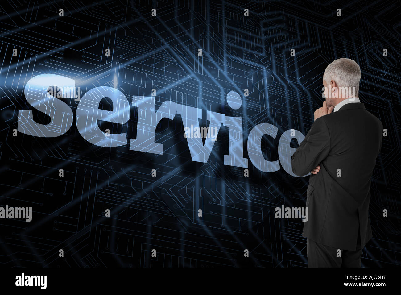 The word service and thoughtful businessman standing back to camera ...
