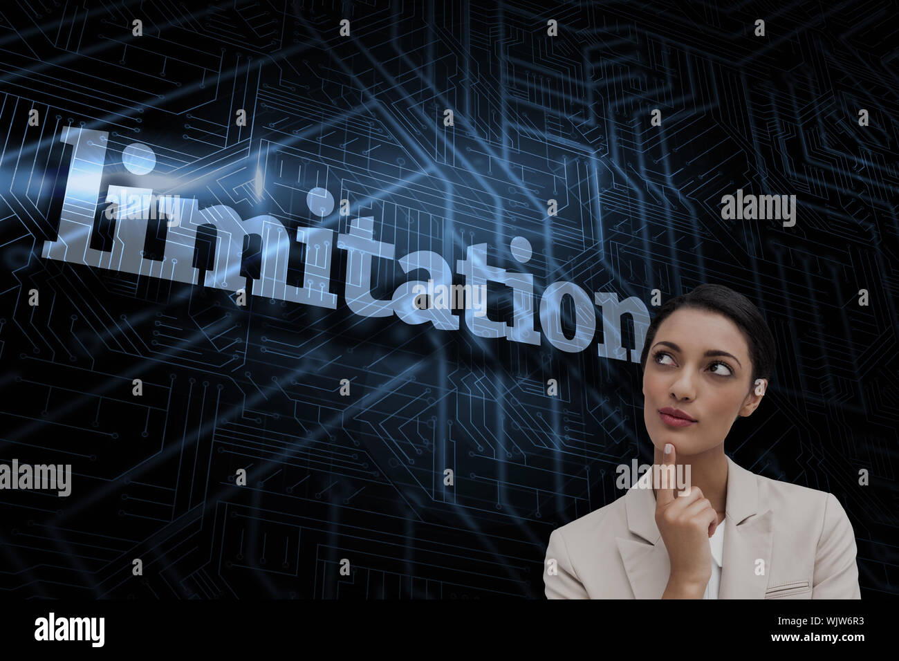 The word limitations and smiling businesswoman thinking against ...