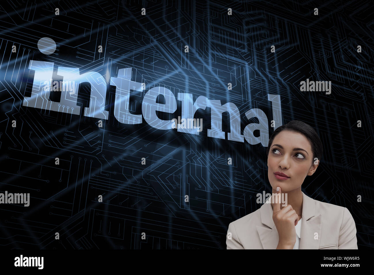 The word internal and smiling businesswoman thinking against futuristic ...