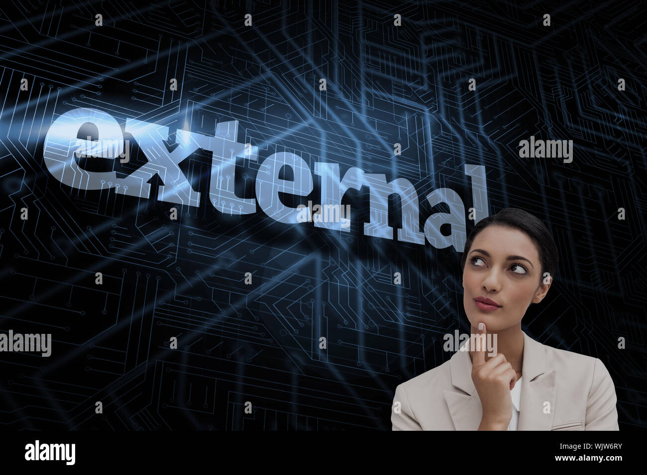 The word external and smiling businesswoman thinking against futuristic ...