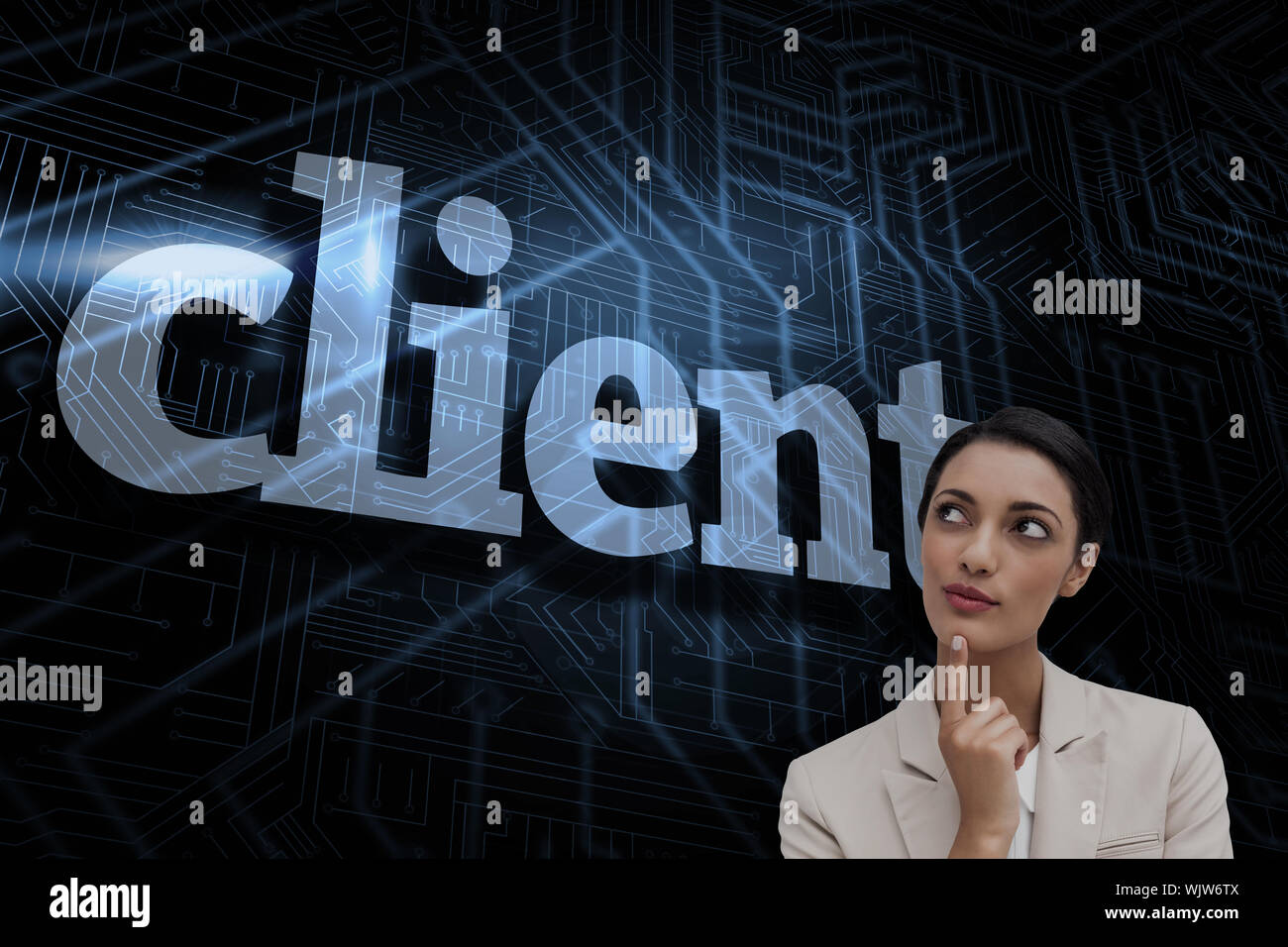 The word client and smiling businesswoman thinking against futuristic ...