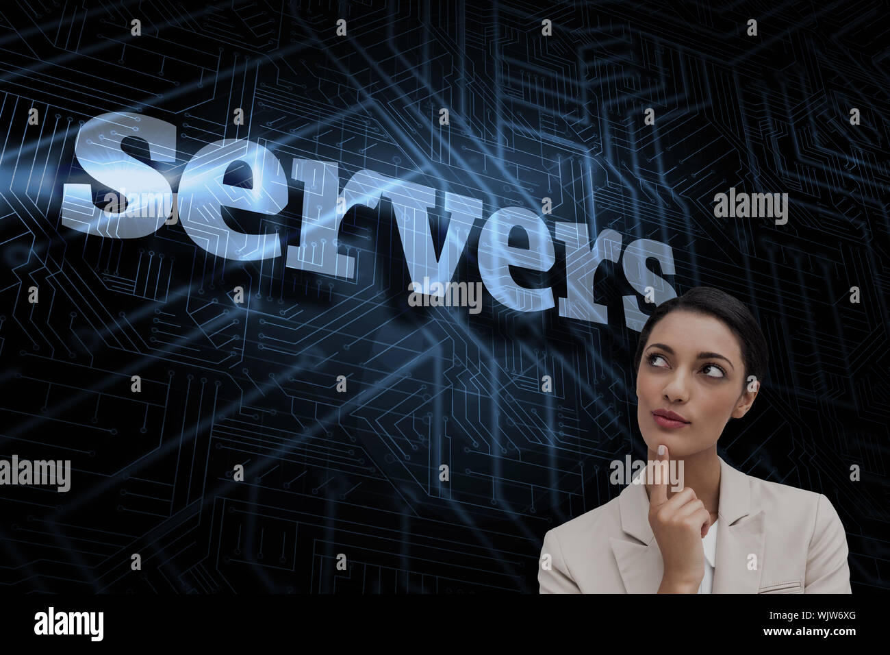 The word servers and smiling businesswoman thinking against futuristic ...