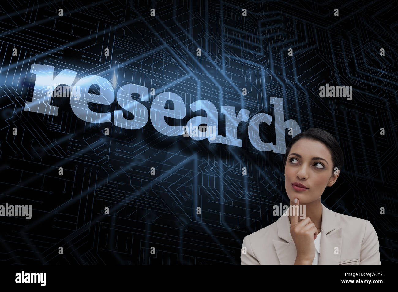 The word research and smiling businesswoman thinking against futuristic ...
