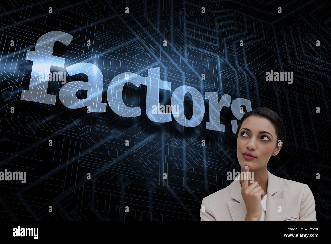 The word factors and smiling businesswoman thinking against futuristic ...