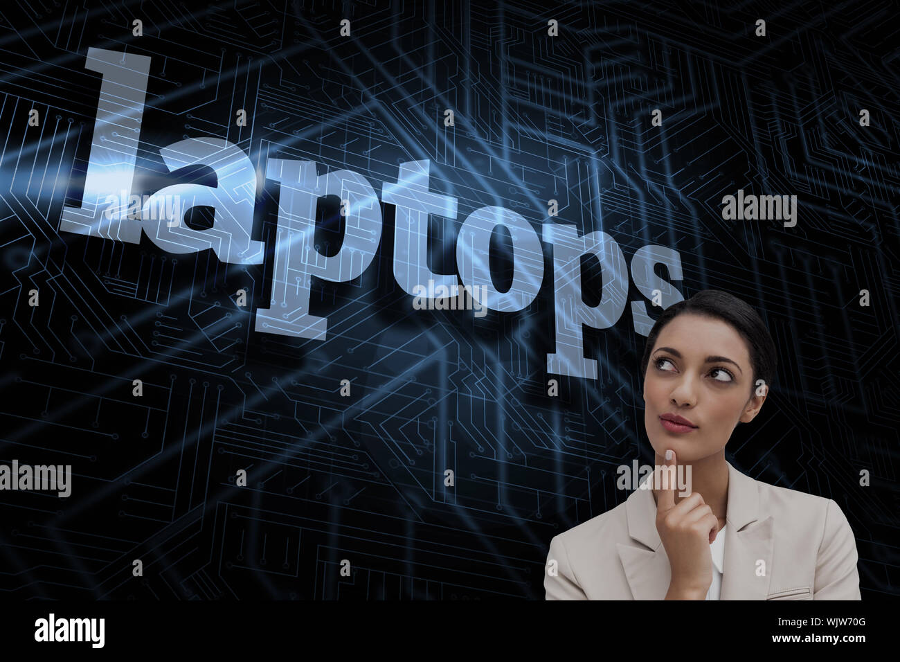 The word laptops and smiling businesswoman thinking against futuristic ...