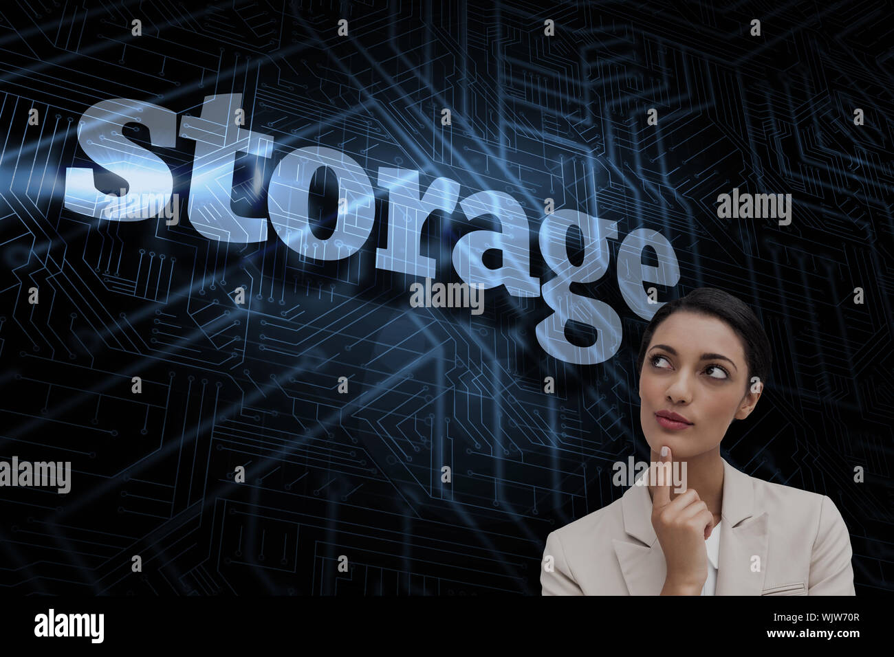 The word storage and smiling businesswoman thinking against futuristic ...